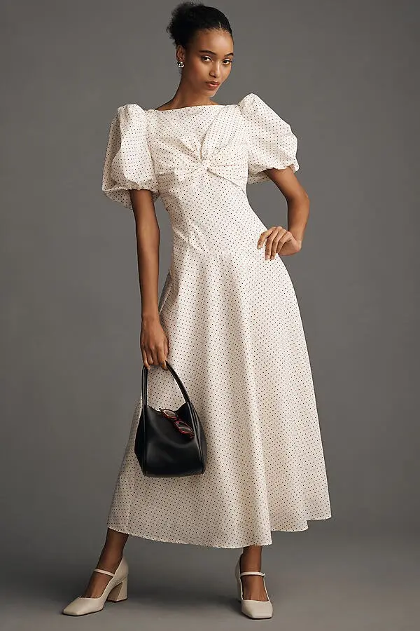Lovaan Tallulah Puff-Sleeve A-Line Cotton-Silk Midi Dress In